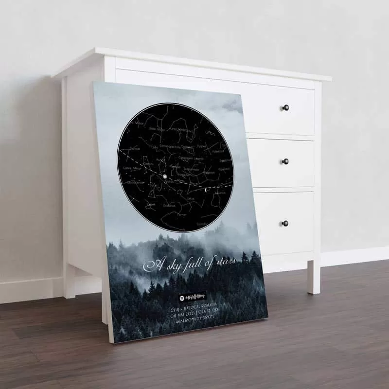 Tablou stelar personalizat cu harta pozitiei stelelor Foggy Forest
