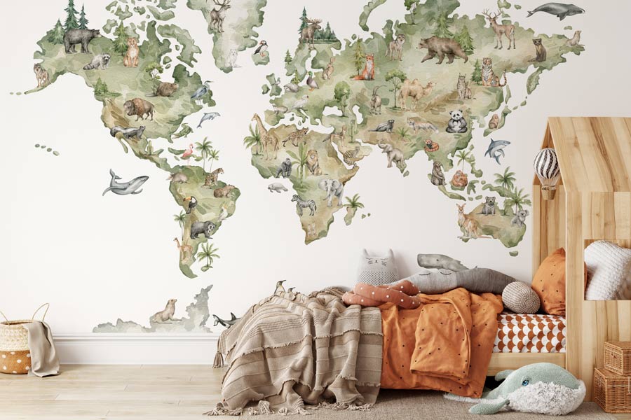 Tapet Premium Harta Lumii cu Animale Watercolor