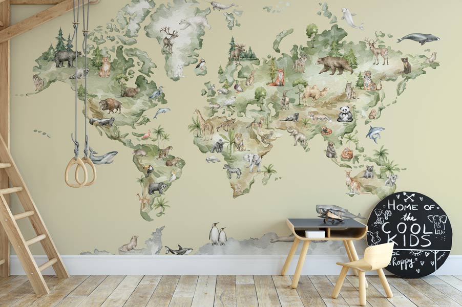 Tapet Premium Harta Lumii cu Animale Watercolor