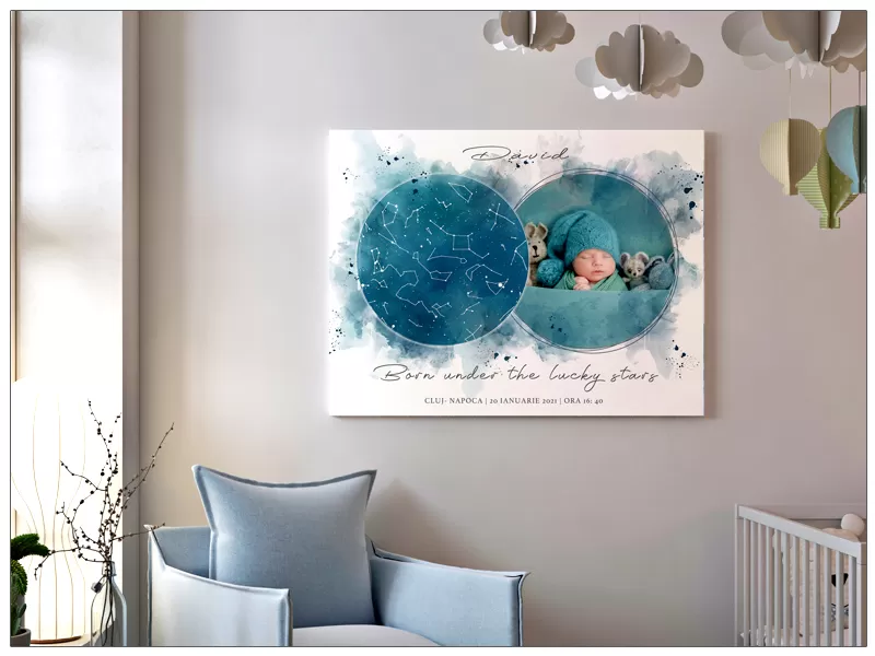 Tablou personalizat cu harta pozitiei stelelor si cu fotografia ta ...